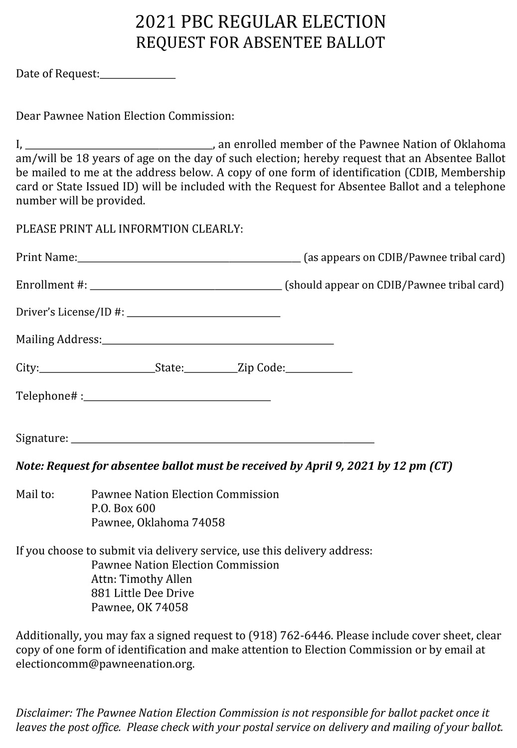 Pawnee Nation Regular Election to be Held on May 1, 2021 | Pawnee Nation