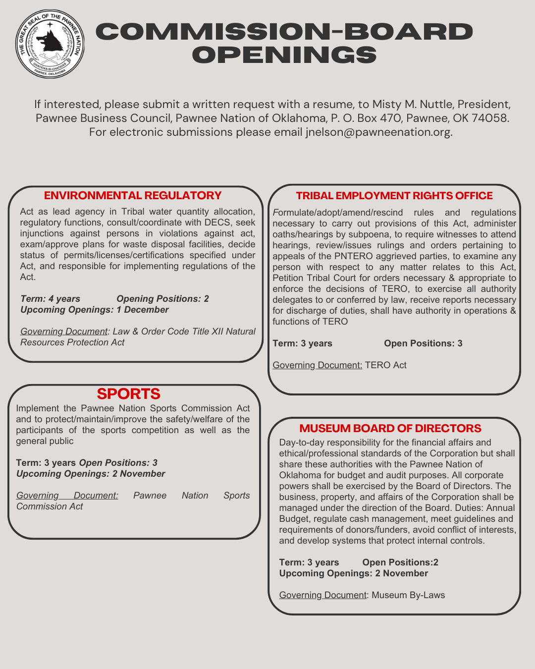 Board Openings | Pawnee Nation