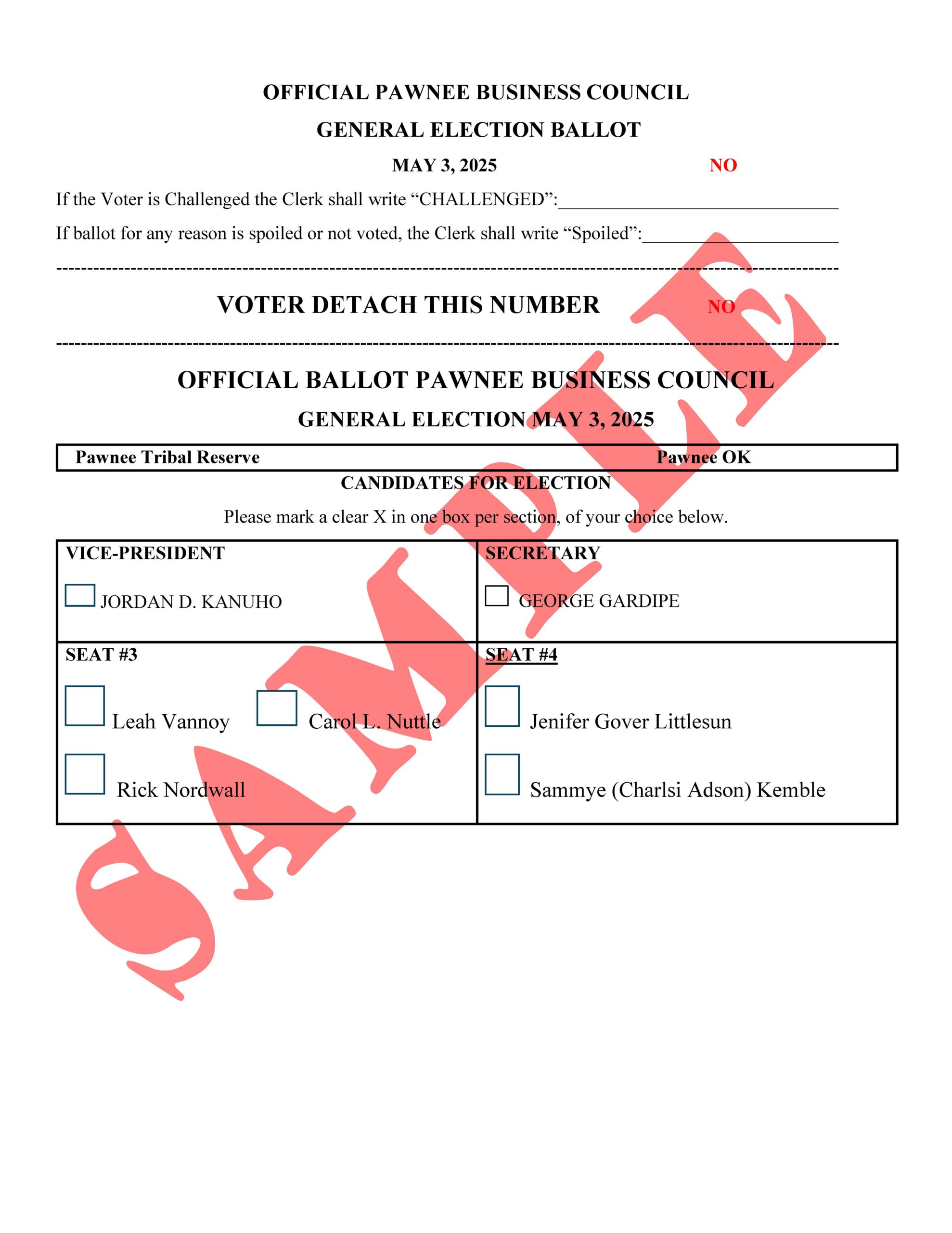 OFFICIAL PAWNEE BUSINESS COUNCIL GENERAL ELECTION BALLOT SAMPLE ...