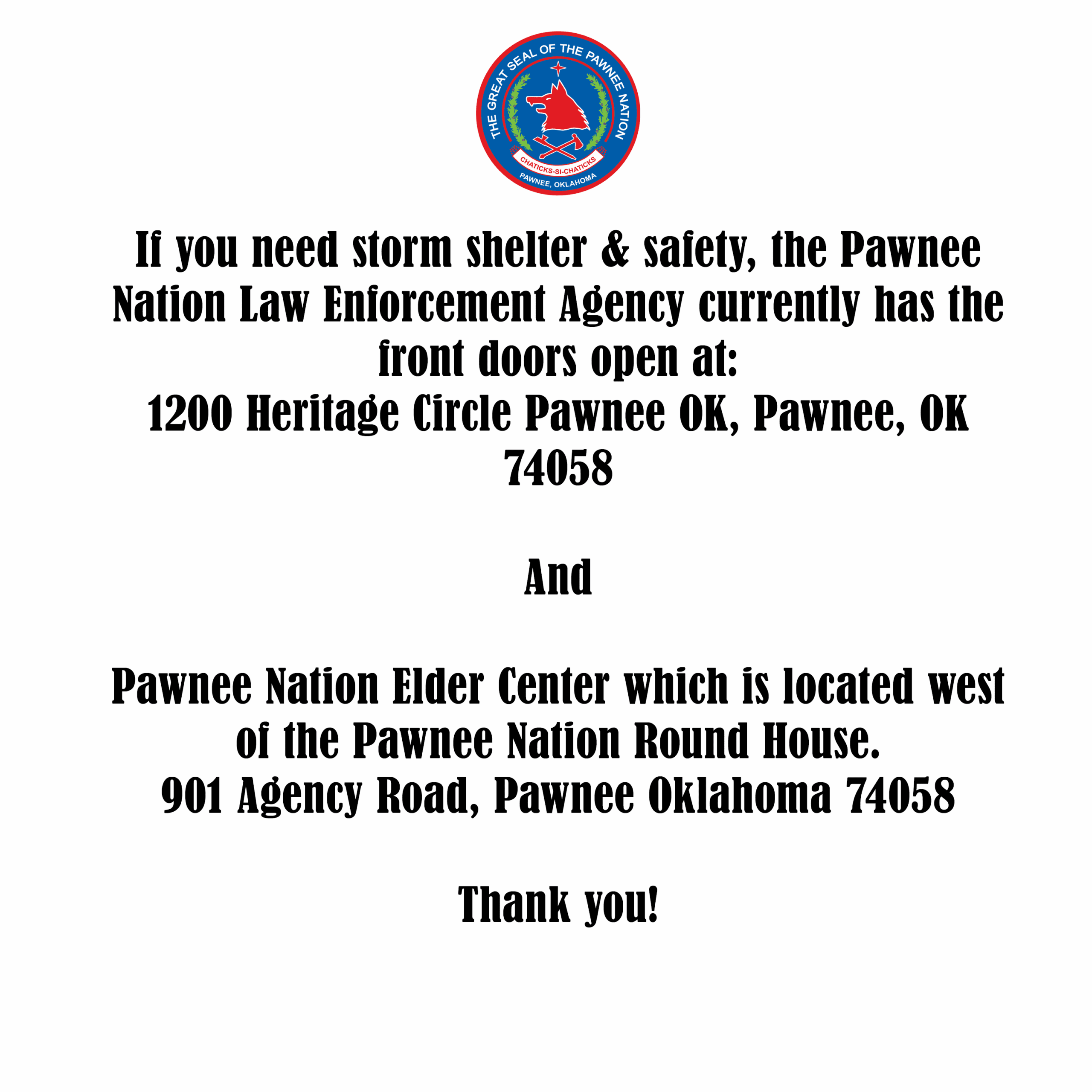 Pawnee Nation of Oklahoma Shelters for May 19, 2025 | Pawnee Nation