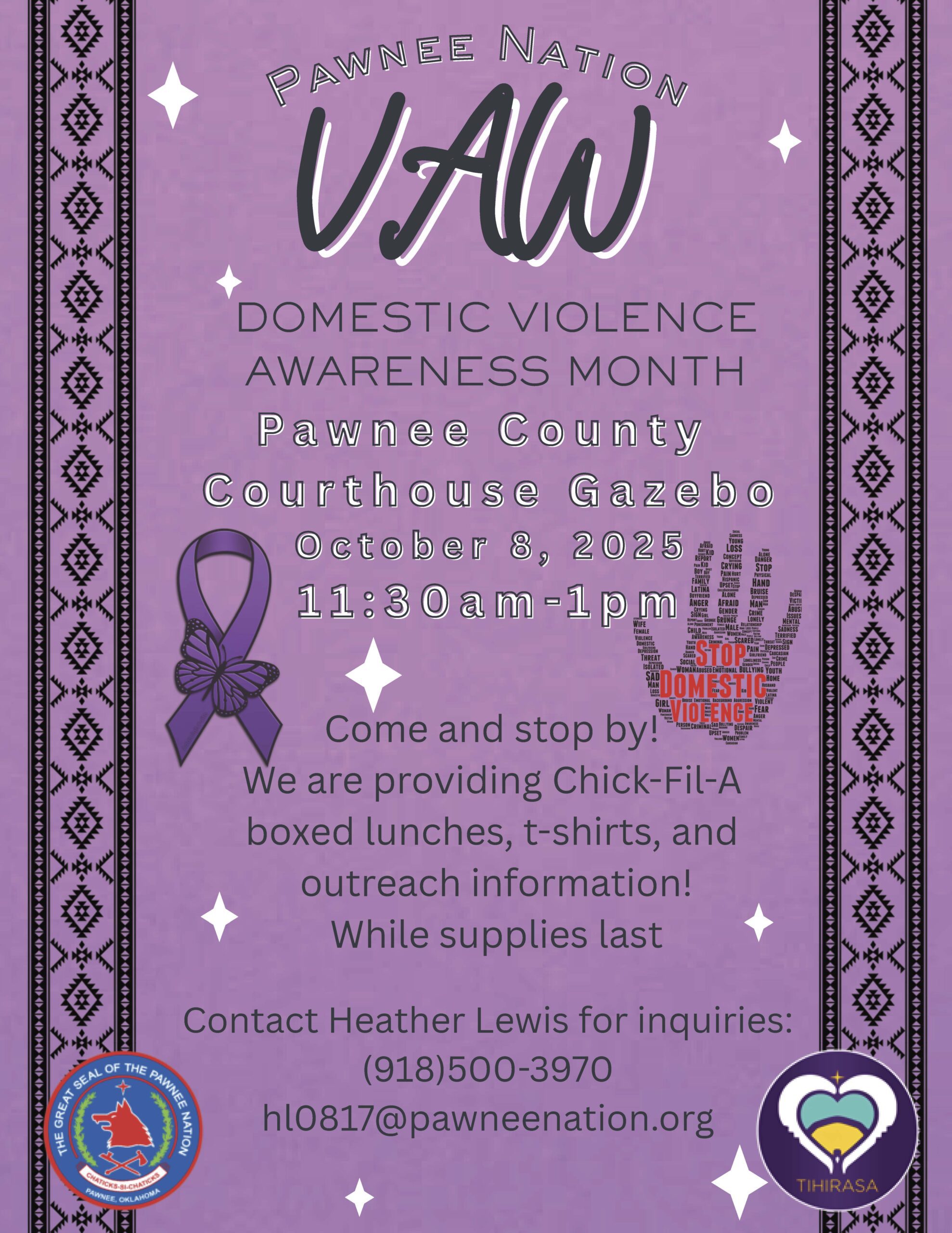 Pawnee Nation VAW Domestic Violence Awareness Month! Chick-fil-A! Hey ...